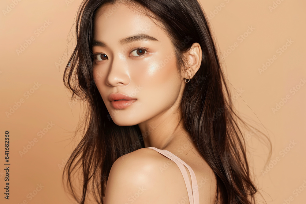 Young Asian beauty woman model long hair with korean makeup style on face and perfect skin on ...