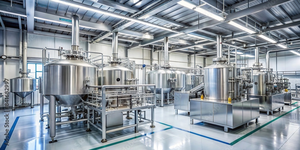 Modern biopharmaceutical medicine factory with large metal tanks and ...