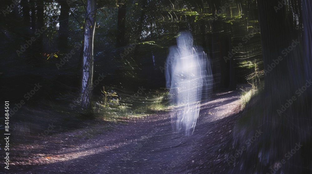 A blurred ghostly apparition captured in the woods at twilight ...