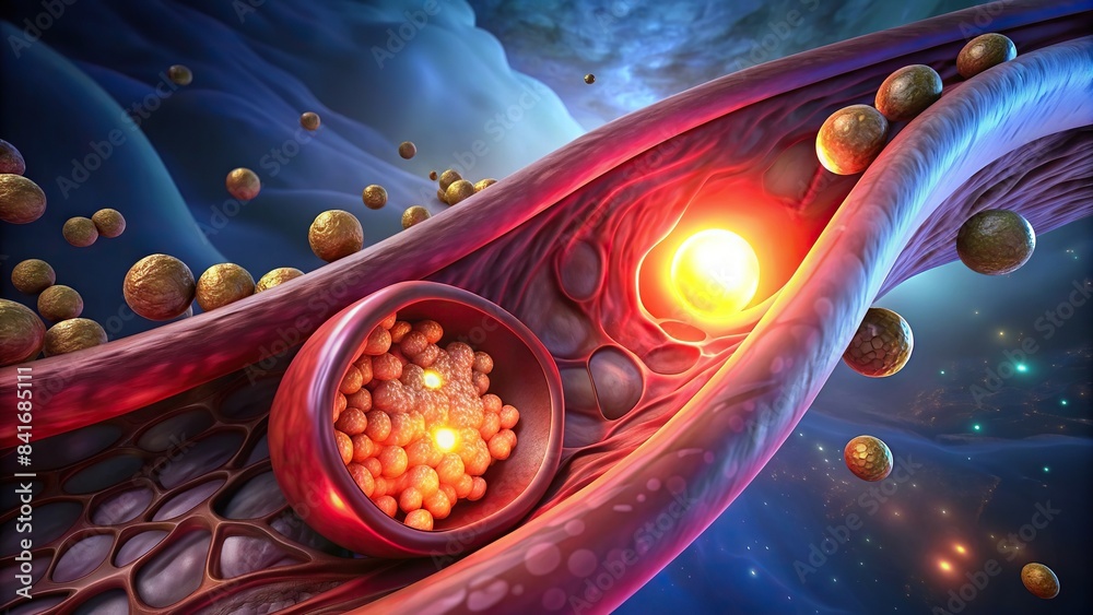 Digital showing cholesterol buildup in a blood vessel with cells and ...