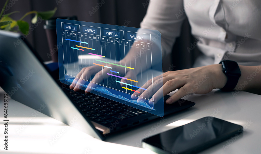 Project manager working on laptop and updating tasks and milestones ...