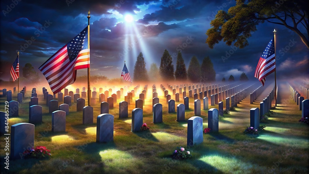 American flags and military grave markers at a military cemetery on ...