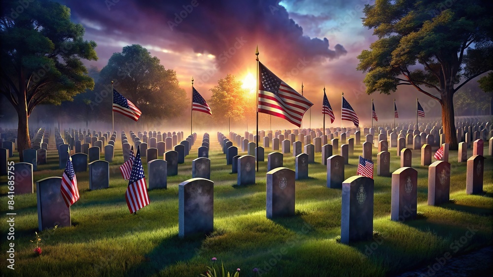American flags and military grave markers at a military cemetery on ...