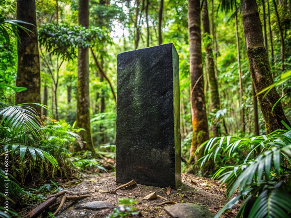 Mysterious black stone monolith standing in the ancient jungle, hinting ...