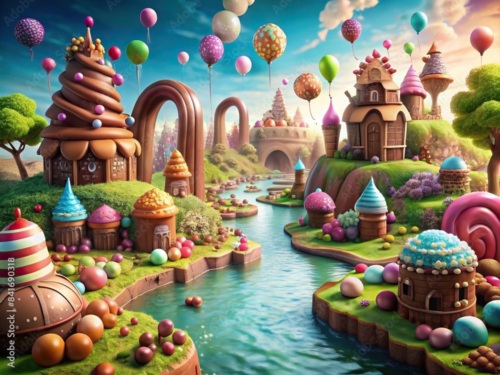 Fantasy land with a chocolate factory where whimsical creatures work ...
