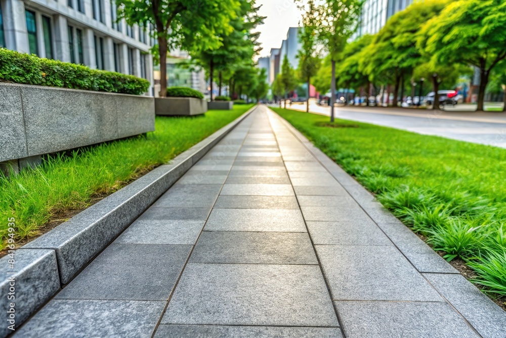 City town street with gray stone sidewalk, natural light, concrete ...