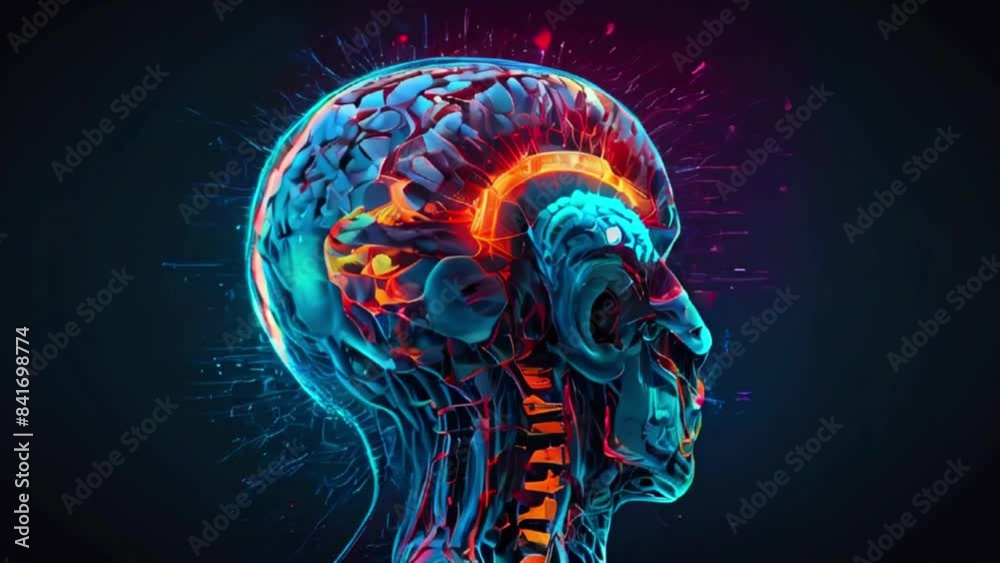 The brain is depicted as a mass of blue and purple folds, with a yellow ...