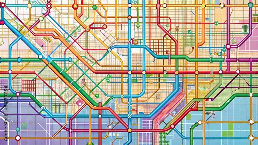 A vibrant, colorful urban transit map with a modern design, showcasing ...