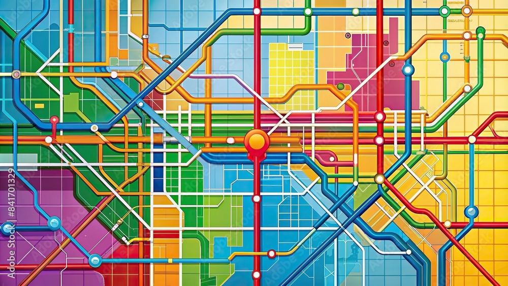 A vibrant, colorful urban transit map with a modern design, showcasing ...