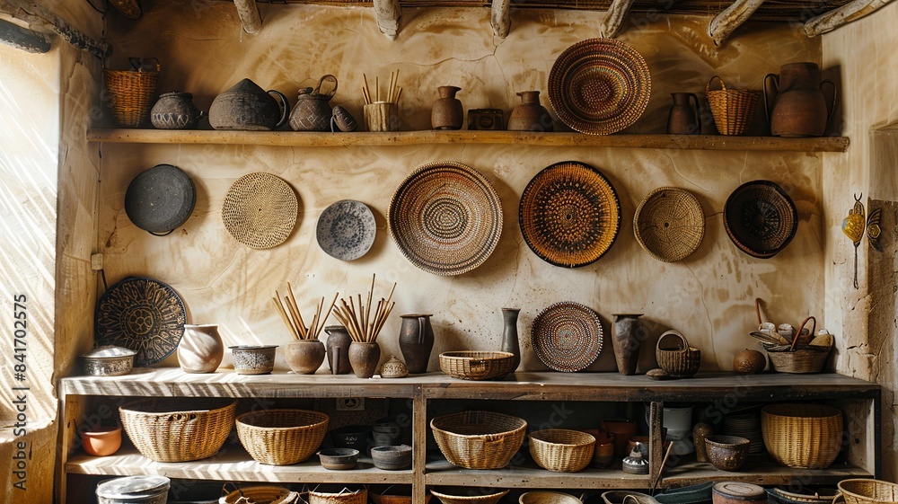 This image depicts a rustic countryside African kitchen, featuring mud ...
