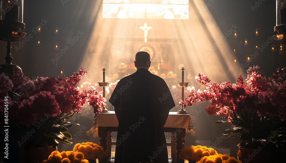 Priest conducting service before altar with flowers Stock Photo | Adobe ...