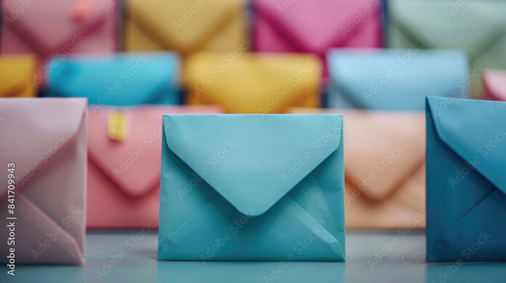 a stack of colorful envelopes. The envelopes are all different colors ...