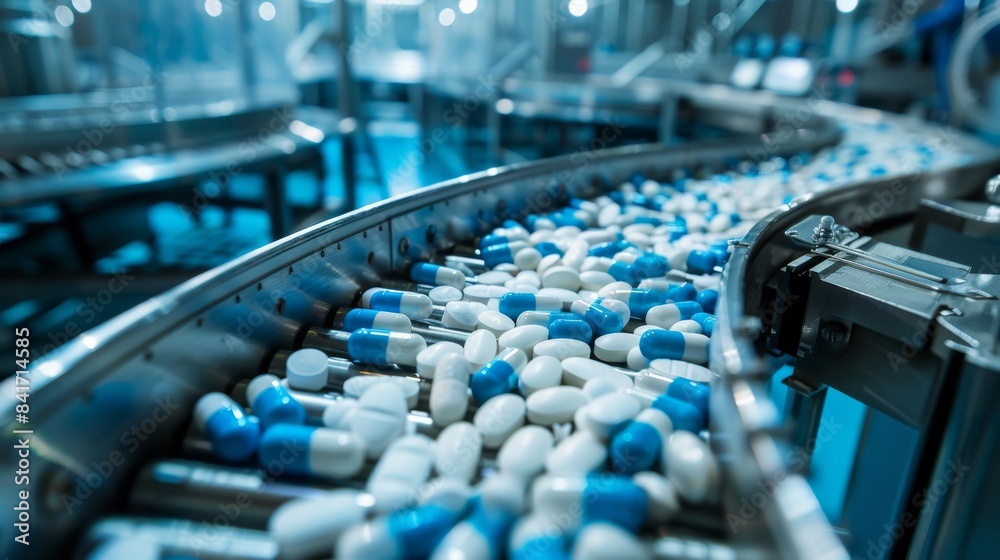 In a modern pharmaceutical factory, visual inspection of pills on a ...