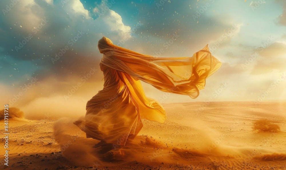 Ethereal Woman Draped in Yellow Cloak Amidst a Sandstorm in Desert ...