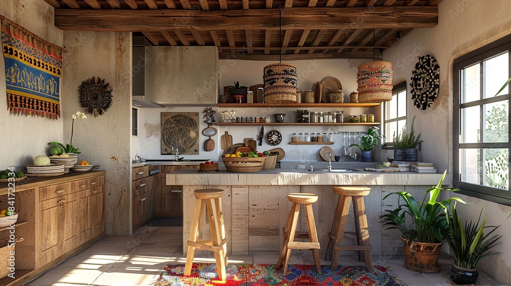 This image depicts a rustic countryside African kitchen, featuring mud ...
