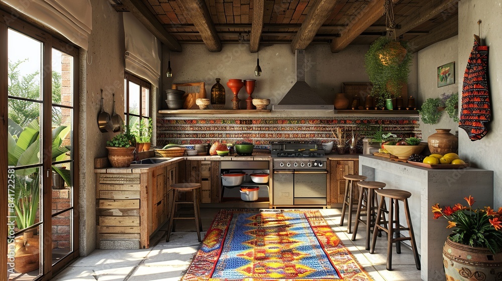 This image depicts a rustic countryside African kitchen, featuring mud ...