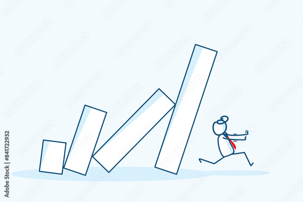 businessman stick figure character run away from collapsing domino bar ...