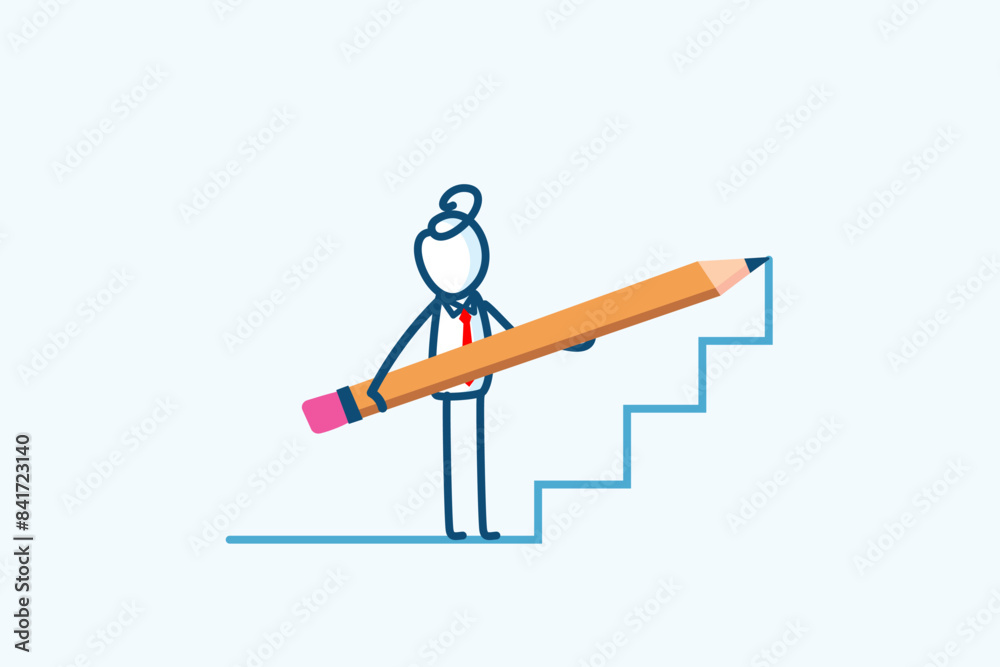 businessman stick figure character uses a large pencil to draw stairs ...