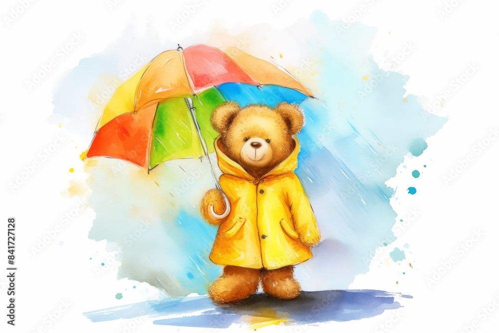 Teddy bear in raincoat under umbrella. Watercolor isolated illustration ...