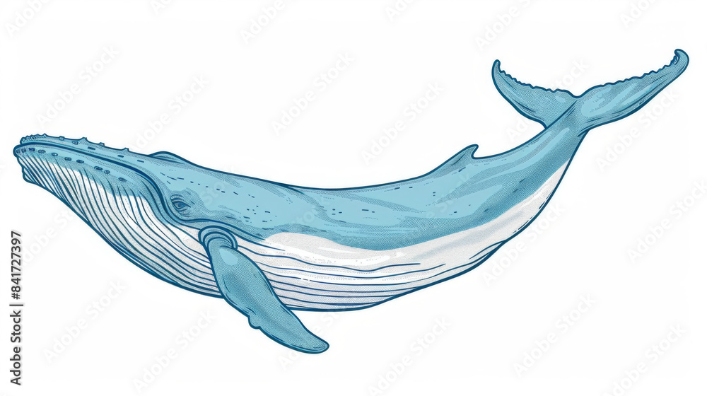 An illustration of a blue whale, shown in a side profile against a ...