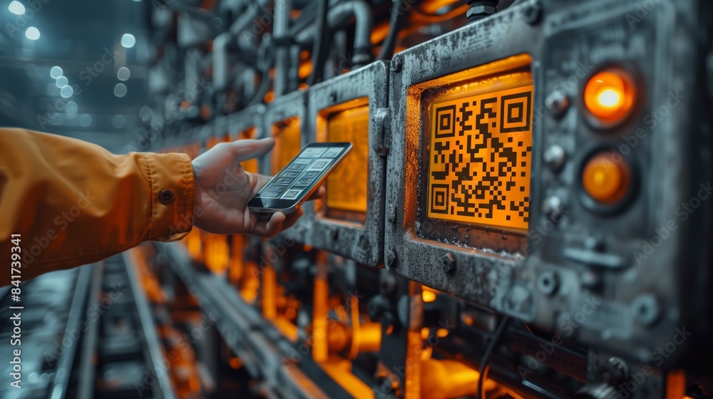 Person Scanning QR Code on Industrial Panel in Underground Facility ...