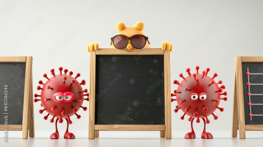 A whimsical cartoon character embodying the COVID 19 virus stands ...