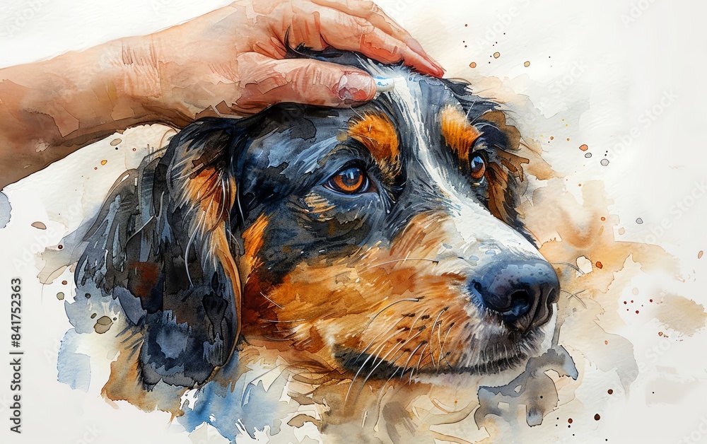 Hand patting a dog's head in a beautiful watercolor painting style ...