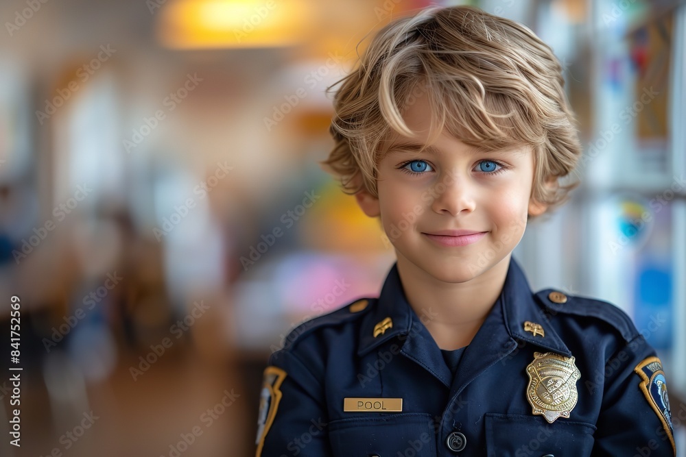 Young boy dressed in a police officer costume looking directly at the ...