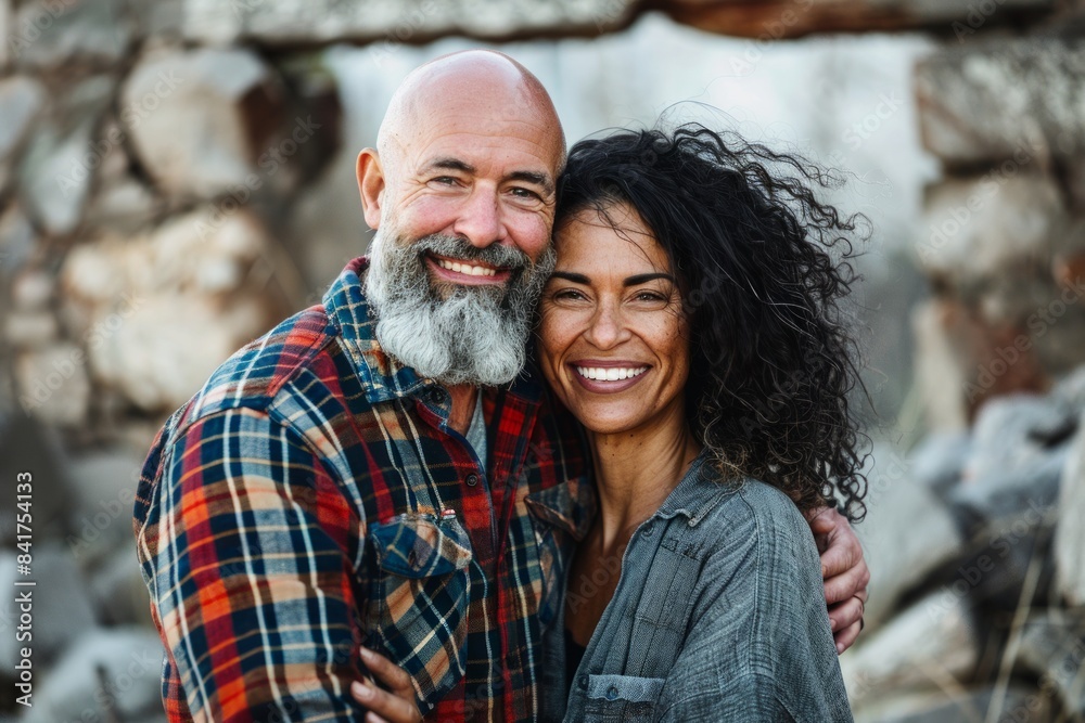 Portrait of a merry mixed race couple in their 40s dressed in a relaxed ...