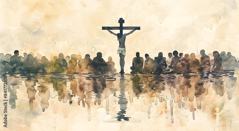 Watercolor scene of Jesus on the cross. The concept of a punk stormy ...