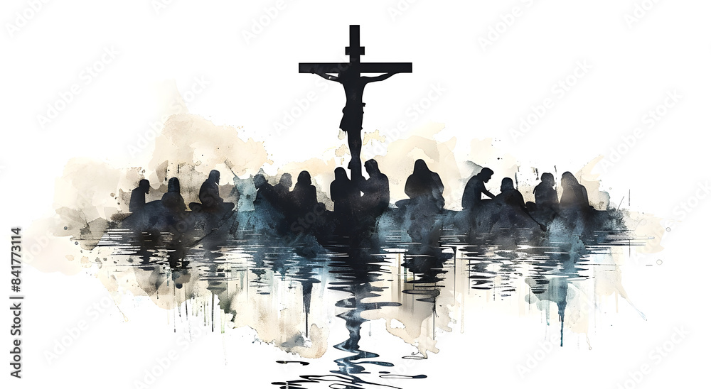 Watercolor scene of Jesus on the cross. The concept of a punk stormy ...