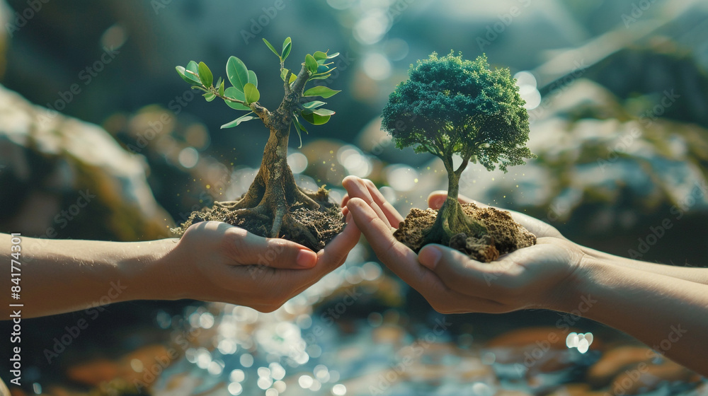 Tree in two hands with very different environments Earth Day or World ...