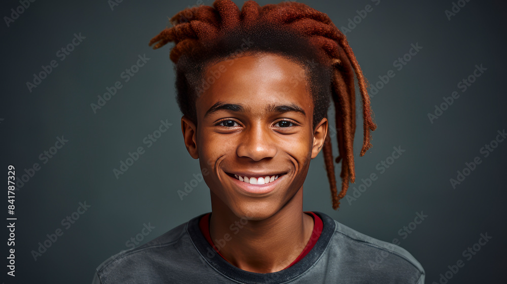 Cheerful smiling African American red-haired teenager guy with long red ...
