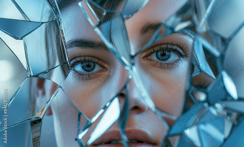 A woman's face reflected in different directions by pieces of a broken ...