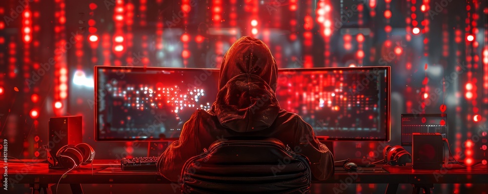 Hooded hacker working at a dual monitor setup, glowing red code matrix background, dark and ...