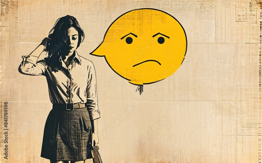 A businesswomen with a sad emoticon, failure, unsuccessful concept ...