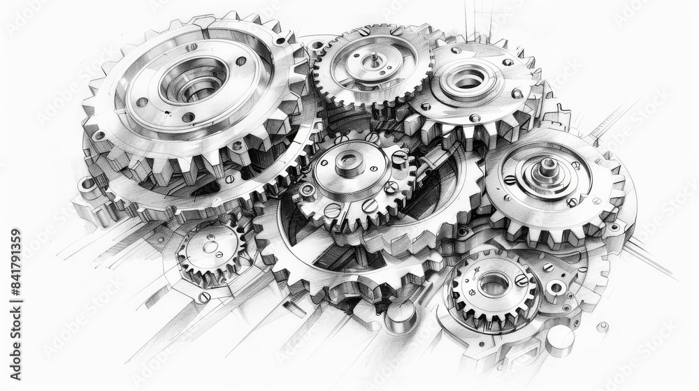 Technical illustration of gears, monochrome drawing, mechanical ...