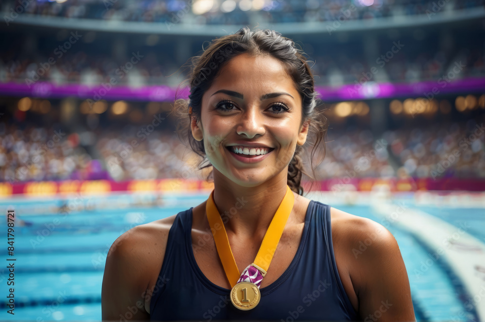 Young adult Indian woman, proud professional swimmer smiling very happy ...