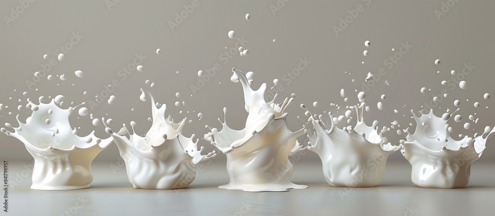 The image is a series of five different shots of milk splashing out of ...