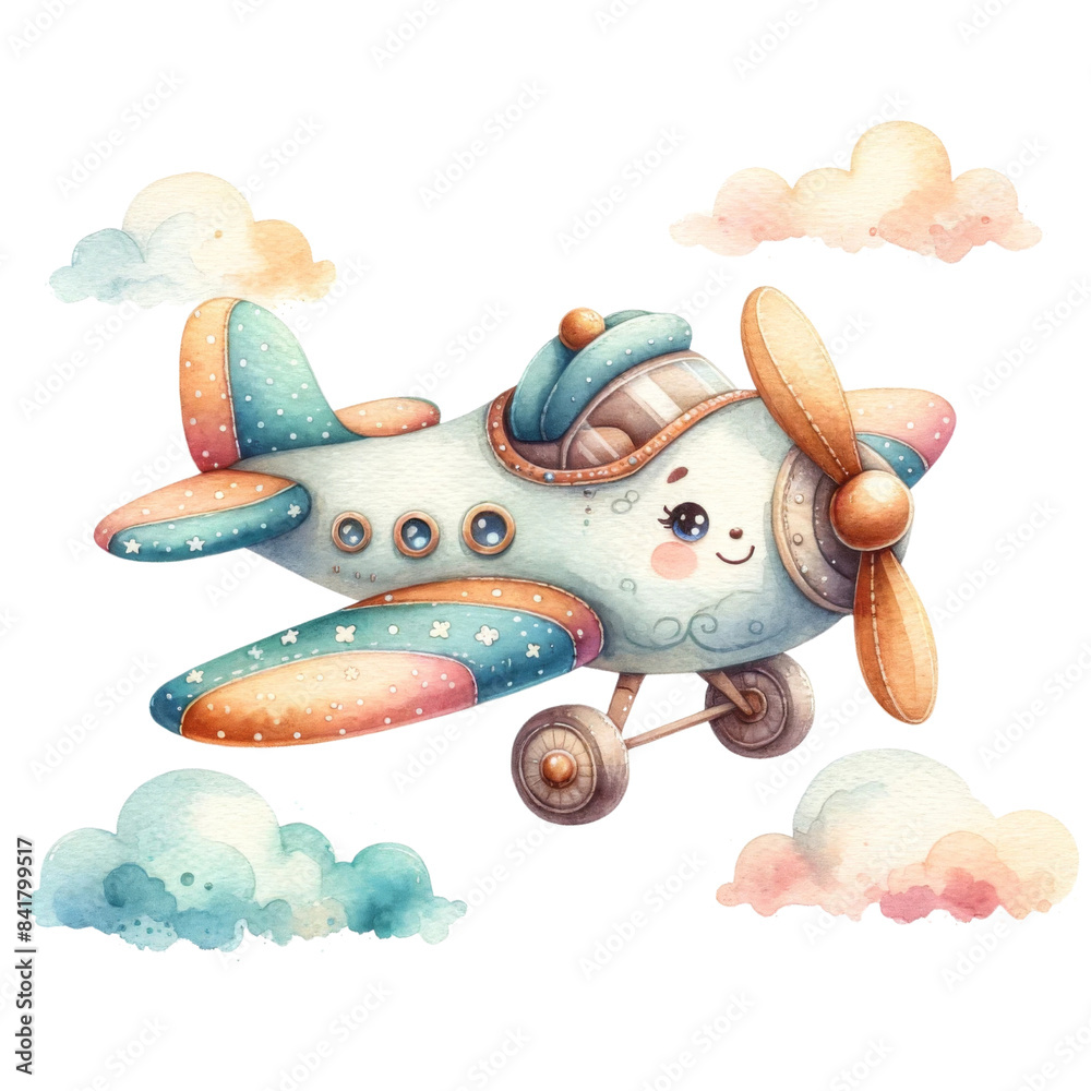 Vintage biplane flying through colorful clouds. PNG watercolor on ...