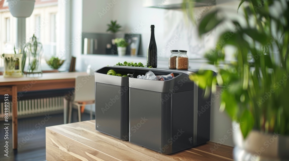 A sleek, modern kitchen with a comprehensive waste sorting system ...