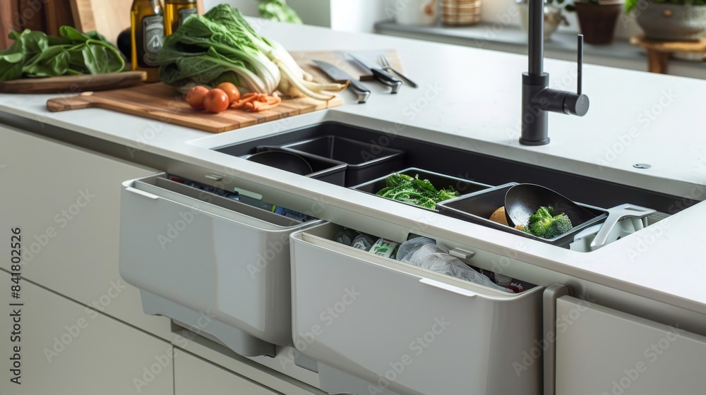 A sleek, modern kitchen with a comprehensive waste sorting system ...