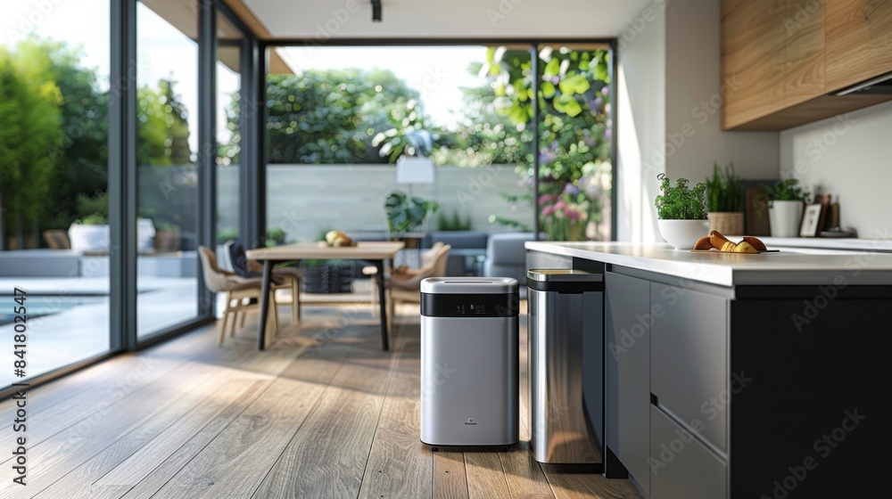 A sleek, modern kitchen with a comprehensive waste sorting system ...