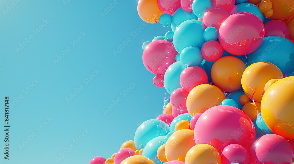 Bright multi-colored balloons flying in the blue sky with clouds ...