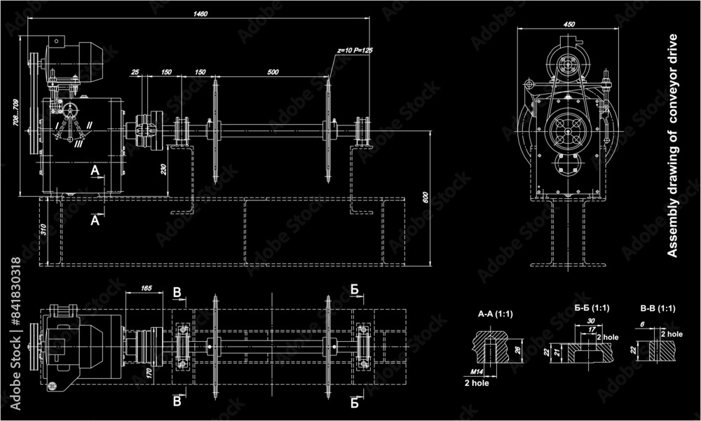 Assembly drawing of conveyor drive. Vector cad scheme of steel ...