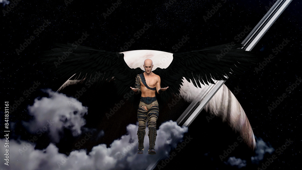 Illustration of a male angel with spread wings and hands palm up ...