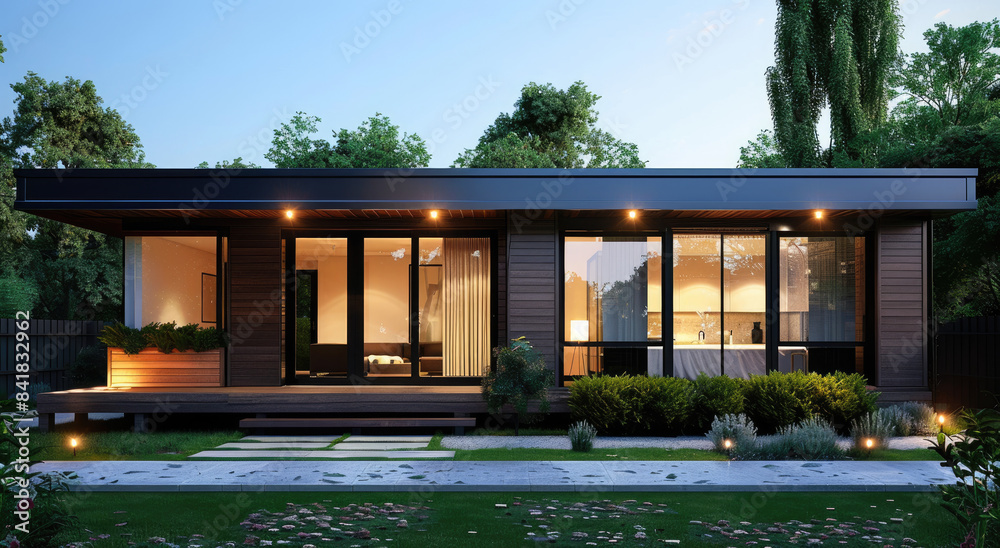 rendering of contemporary small house with flat roof, two bedroom and ...