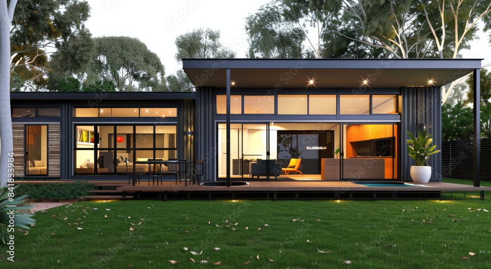 rendering of contemporary small house with flat roof, two bedroom and ...