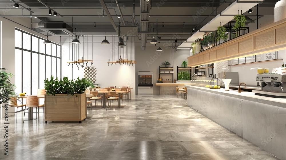 Background image of modern cafeteria with industrial design, round ...