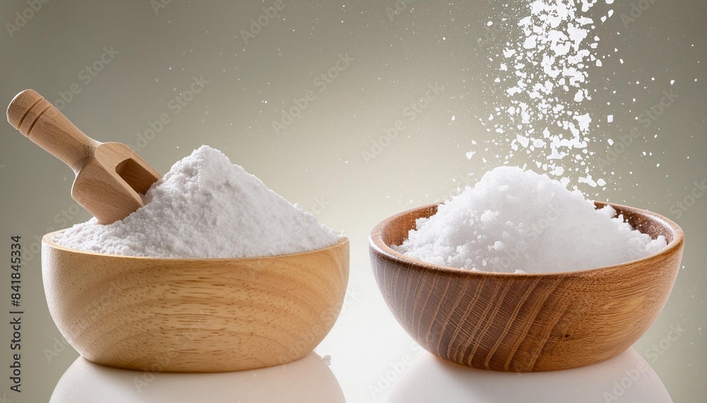refined salt fall down pouring in wooden bowl powder white salts ...